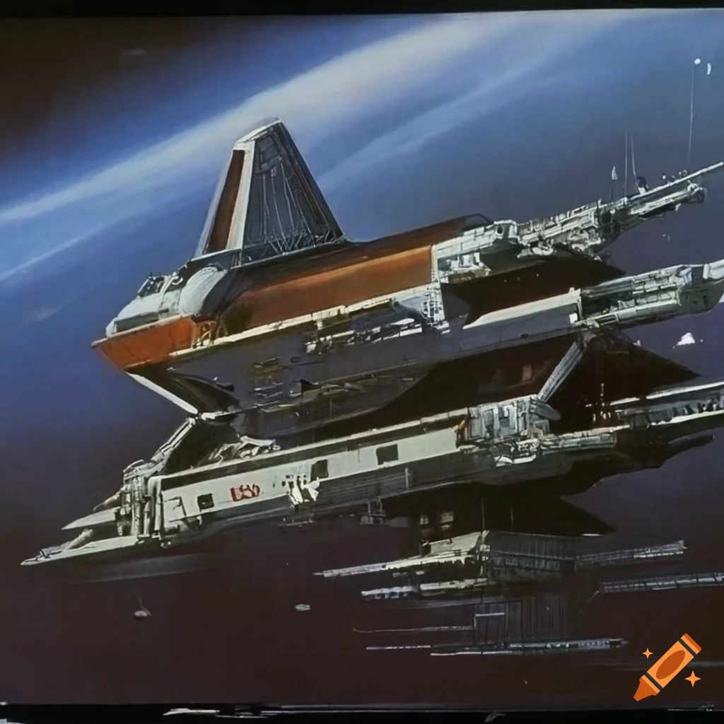 70s sci fi wayne barlowe, outer space cargo carrier shuttle, tall ship ...