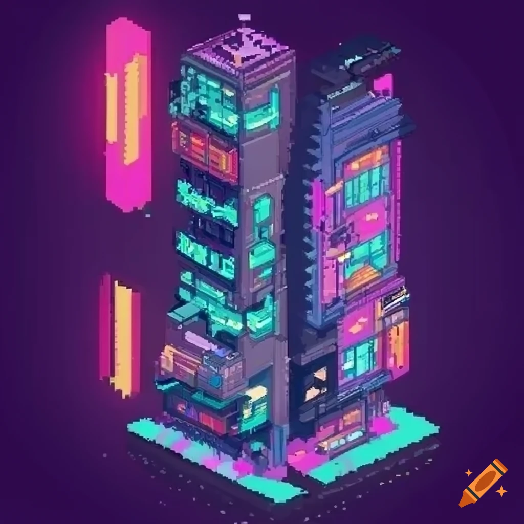 Cyberpunk building pixel art isometric on Craiyon