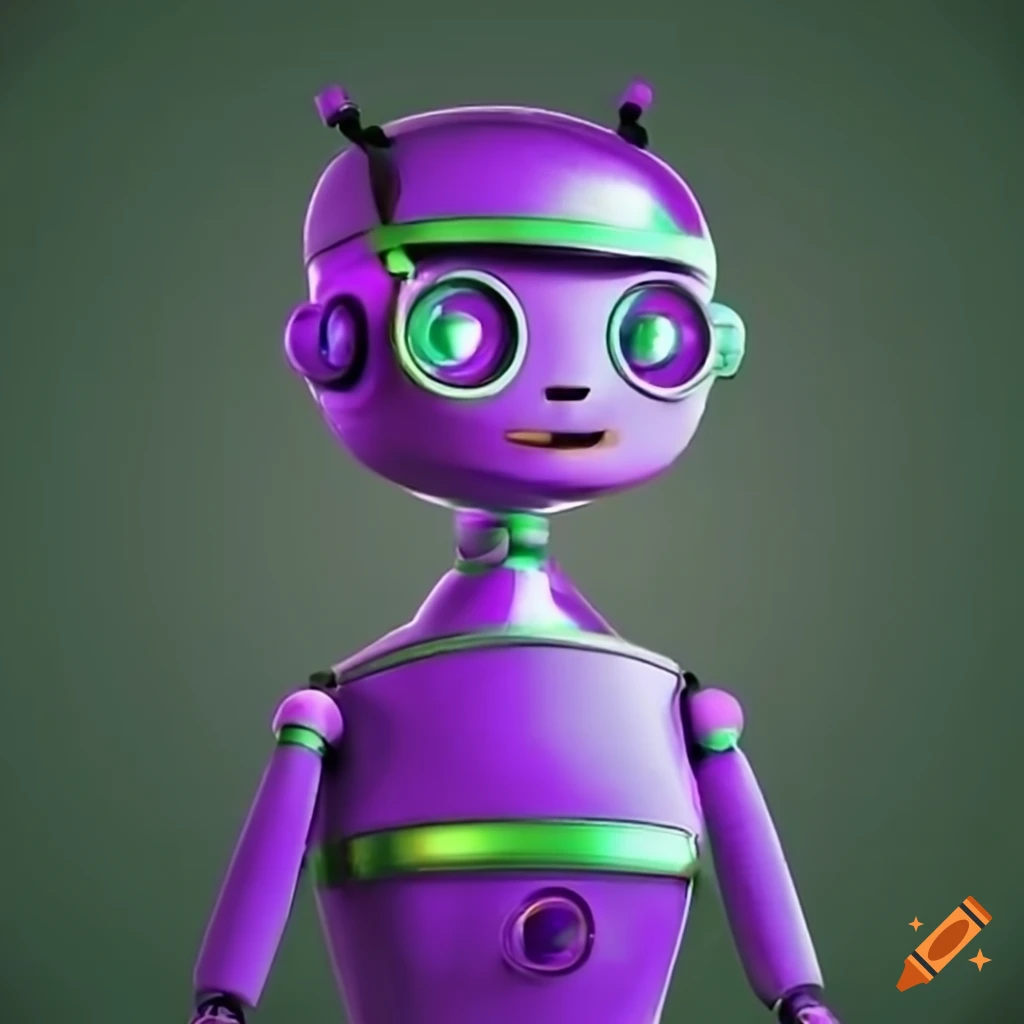 A pop-culture internet chatbot named lexiabot9000. purple and green