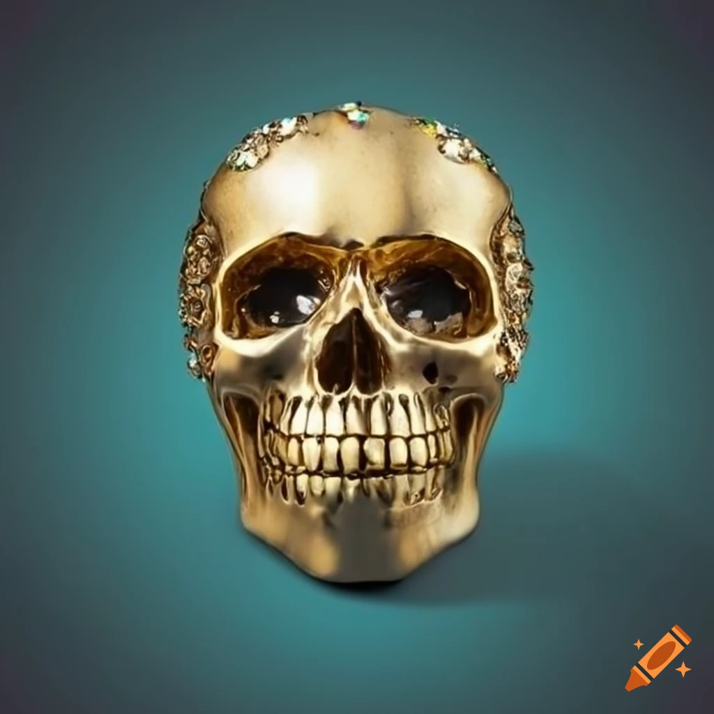 Human skull made of glittering gold, with diamond eyes and teeth made ...