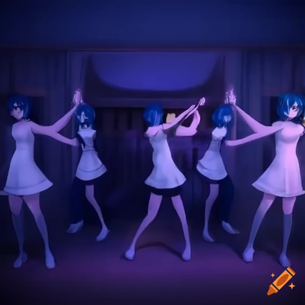 A group of 10 dark blue haired anime girls dancing in a bedroom
