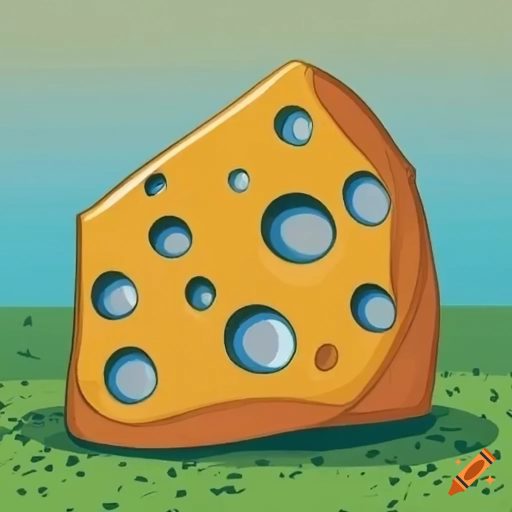 Giant gouda cheese on a lawn, cartoon style