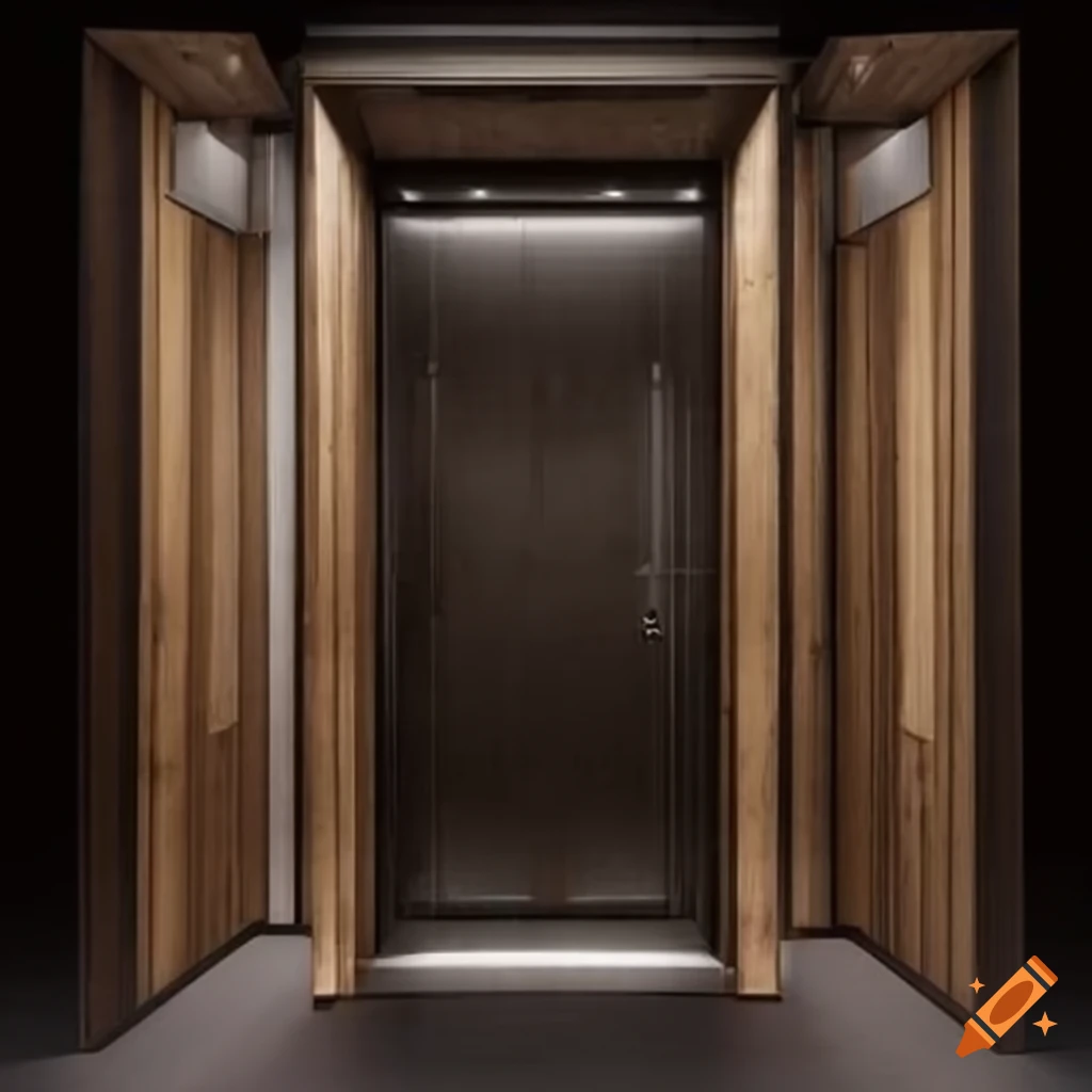 3d Elevator cabin made of wood in dark color on Craiyon