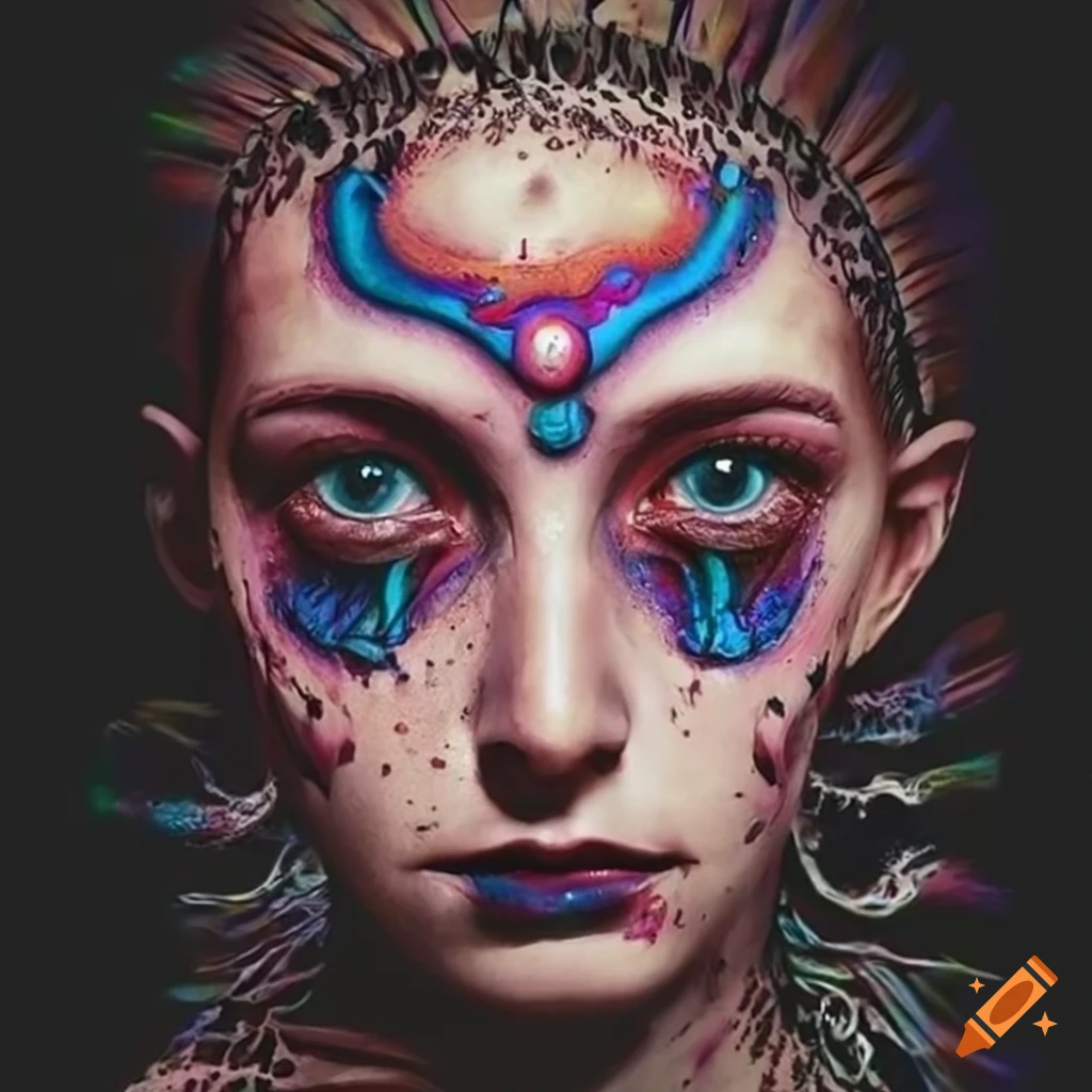 Trippy psychedelic eerie face influenced by lizard skin
