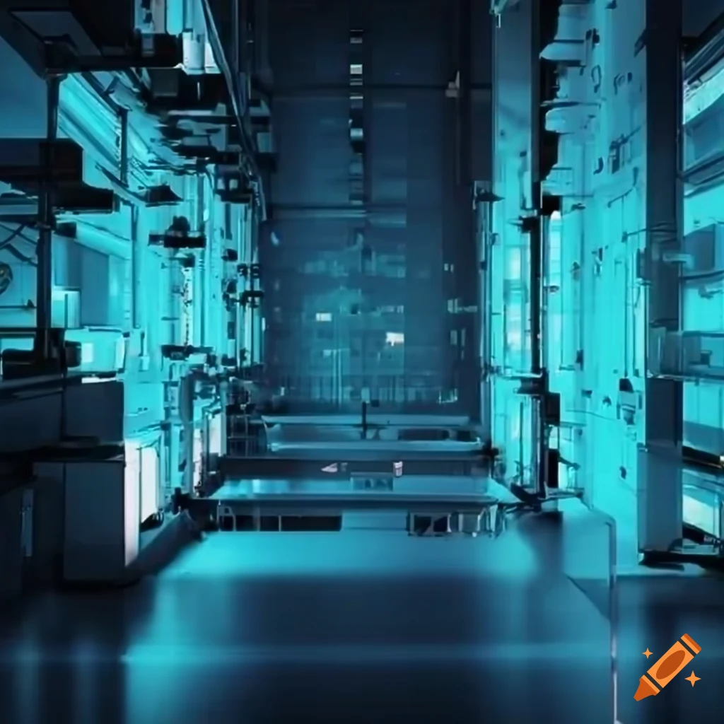 Impeccable organization workplace in a futuristic factory, bright ...