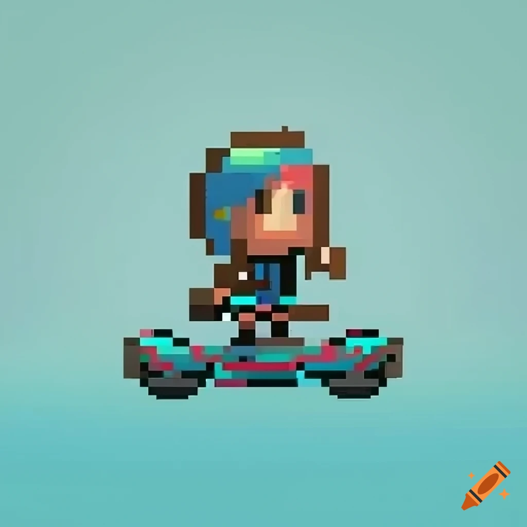 Pixel art riding a hovering board on Craiyon