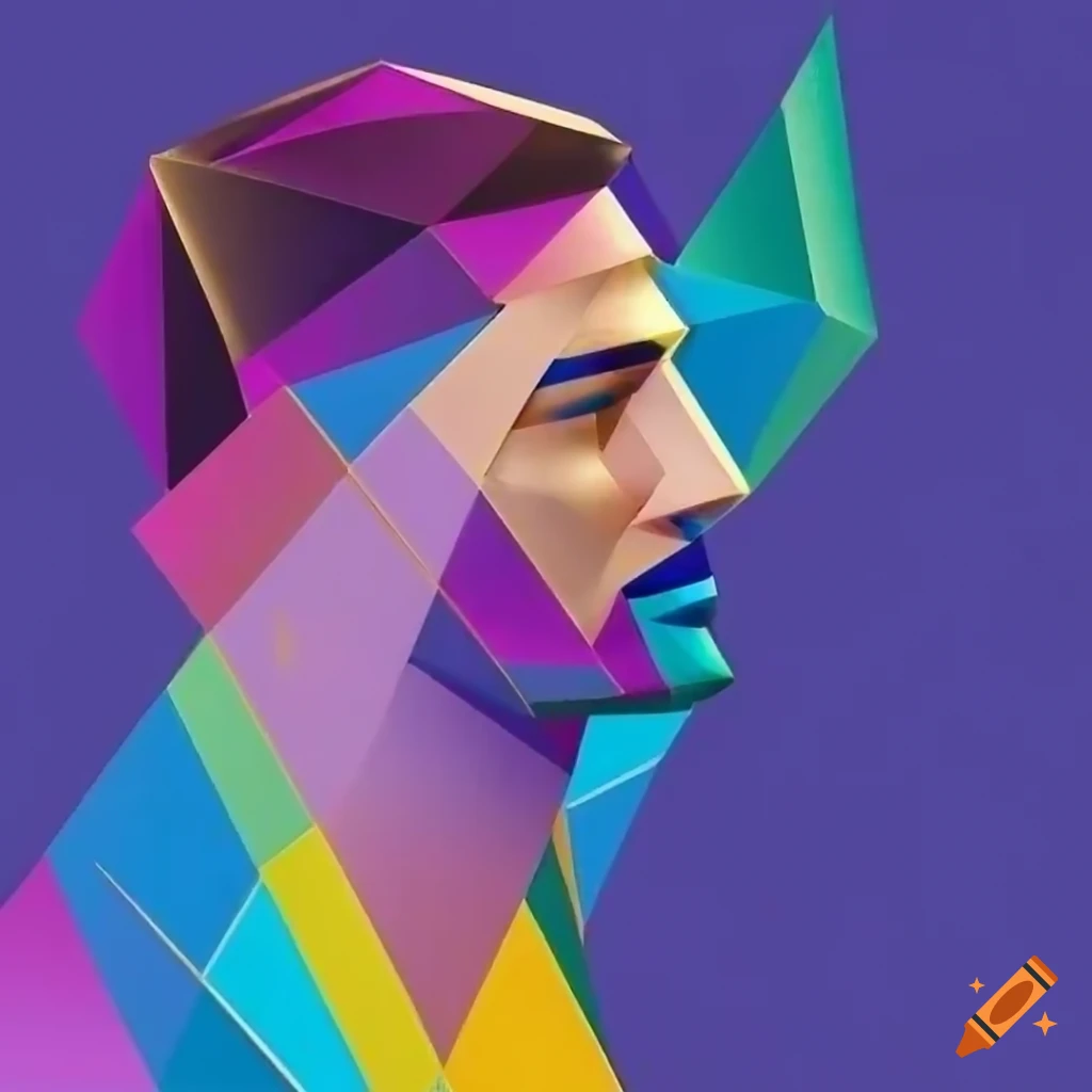 Geometric artwork made of gold triangles and colorful triangles. close ...