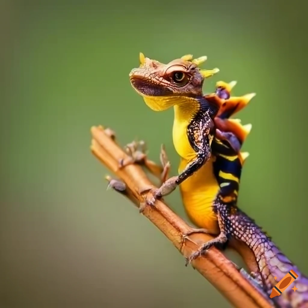 A whimsical tiny hybrid winged dragon with lizard and yellowjacket-wasp ...