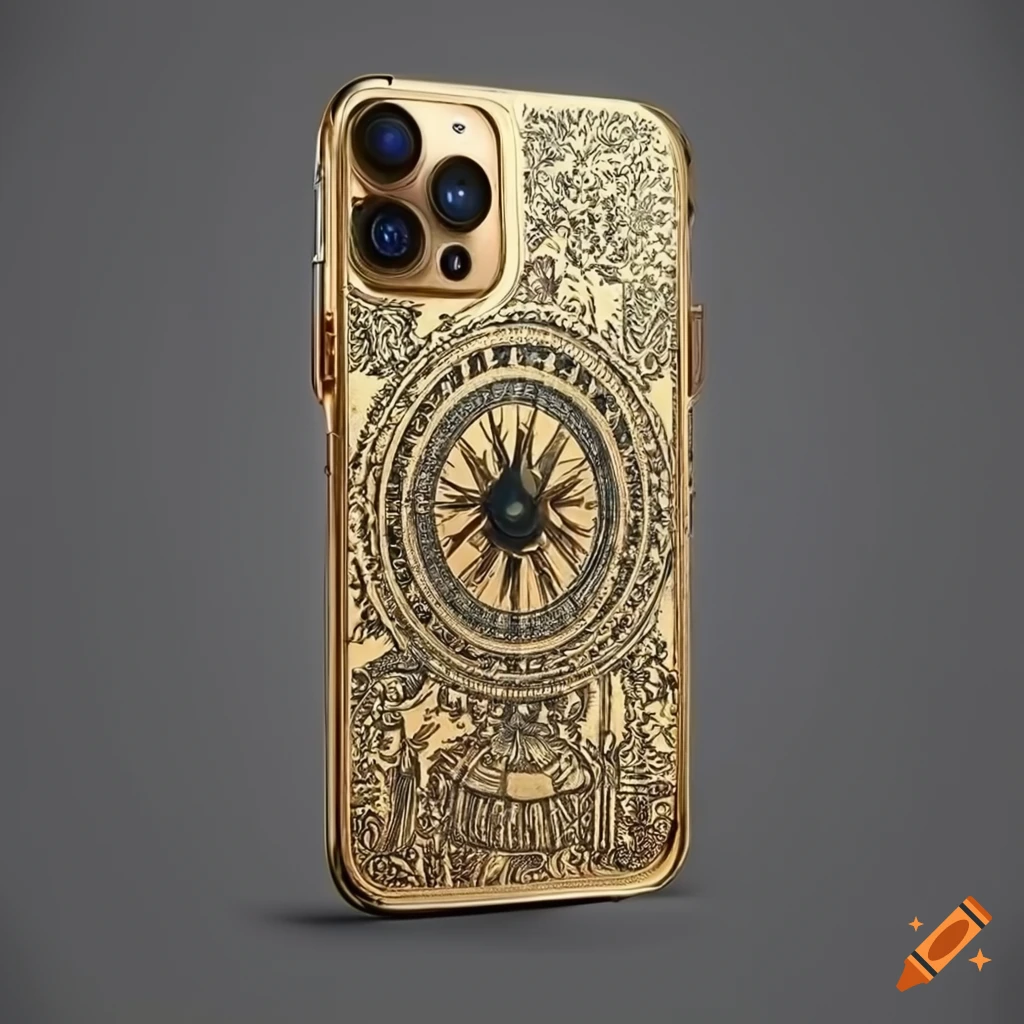 Realistic gold back plated iphone 14 pro max with ancient minute ...