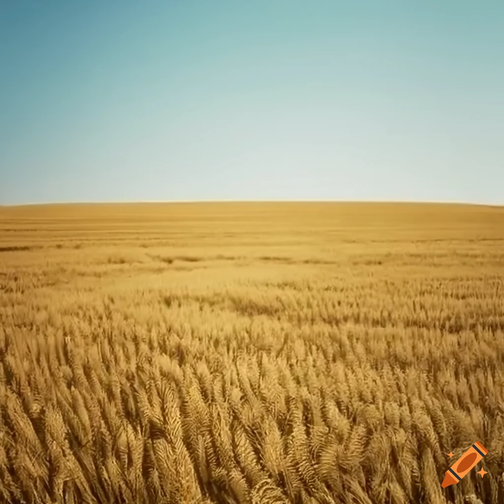 Rolling wheat fields below blue sky