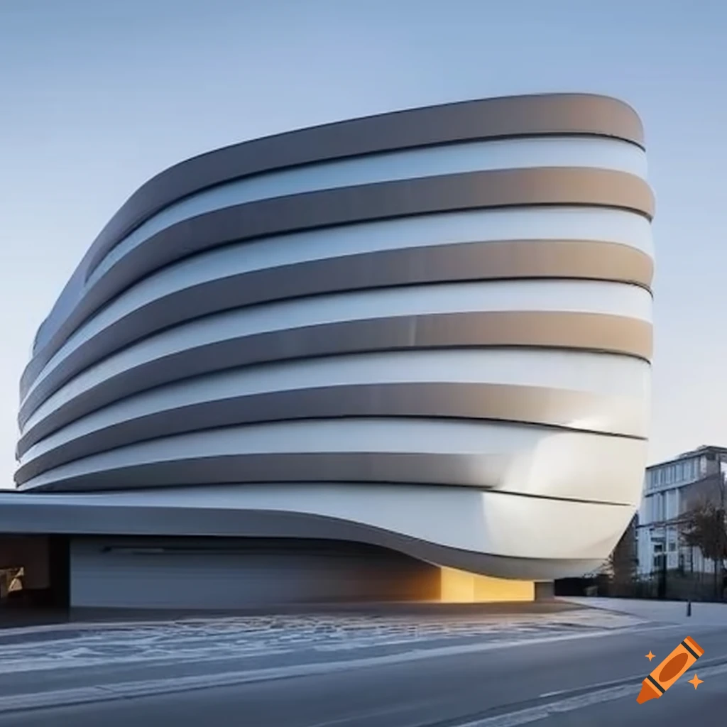 Sleek building with dramatic curves and sharp edges
