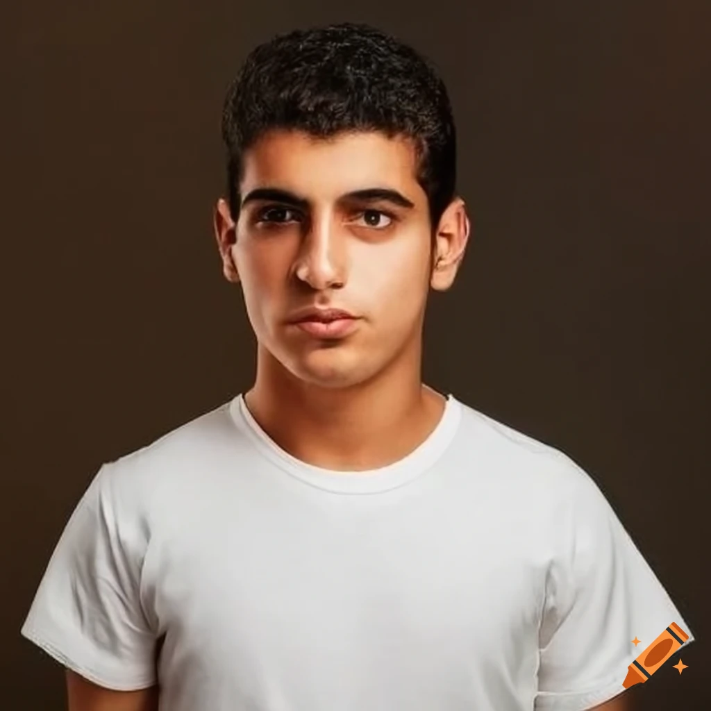 A young man of iraqi descent in a white t shirt on Craiyon