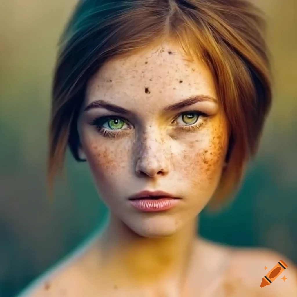 Beautiful young woman shoulder-length hair very light freckles on Craiyon