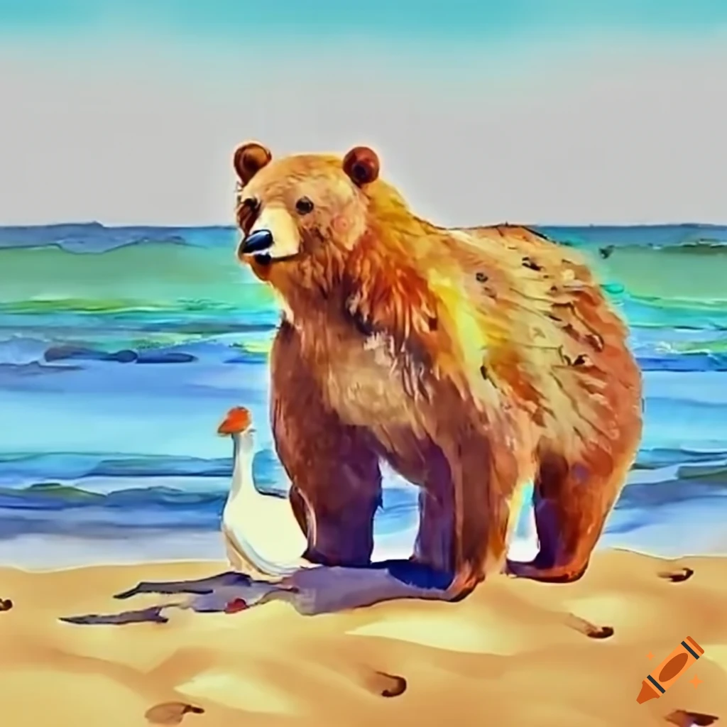 A goose and a bear exploring the sandy shore together on Craiyon