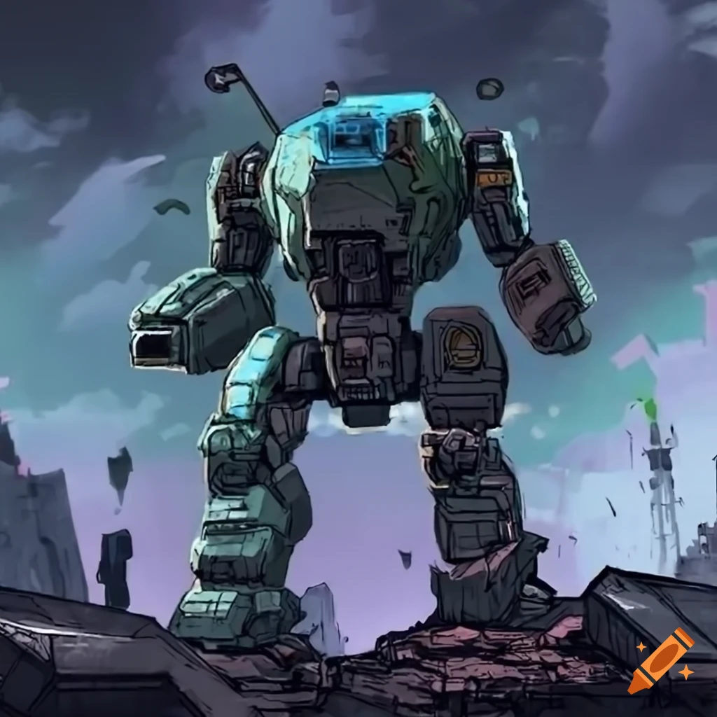 A battletech mauler in anime style in a ruined futuristic city
