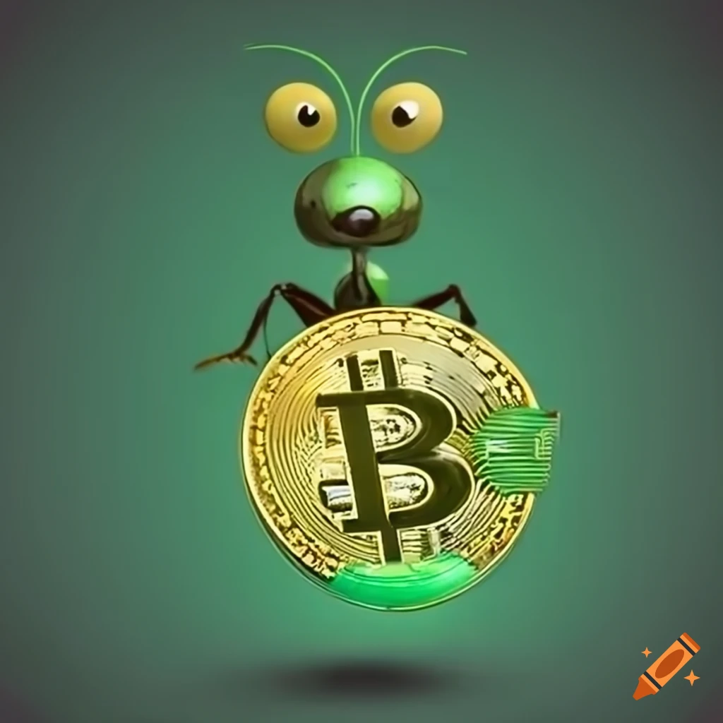 Green little ant holding a shiny bitcoin
