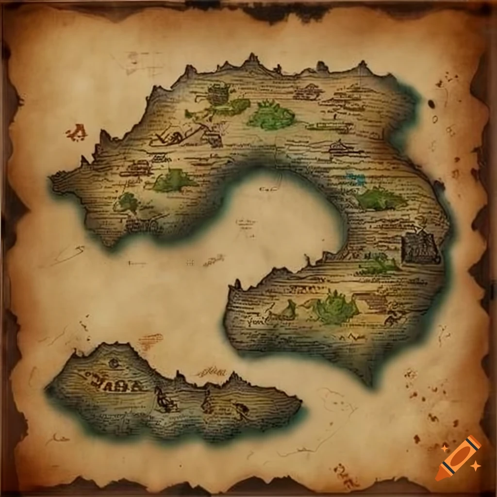 Medieval fantasy map of island on aged paper on Craiyon