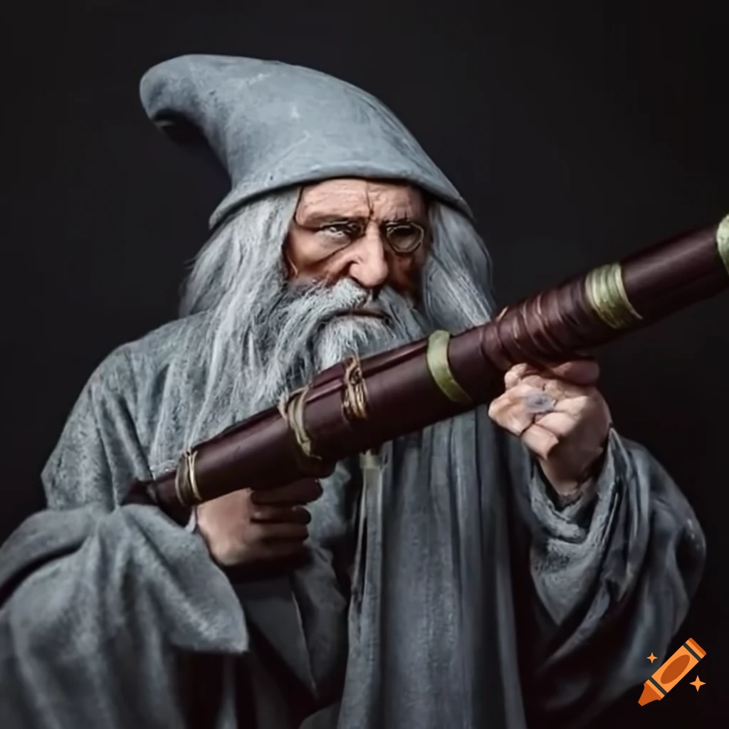 Grey wizard shooting a modern rocket launcher, realistic, grey beard ...
