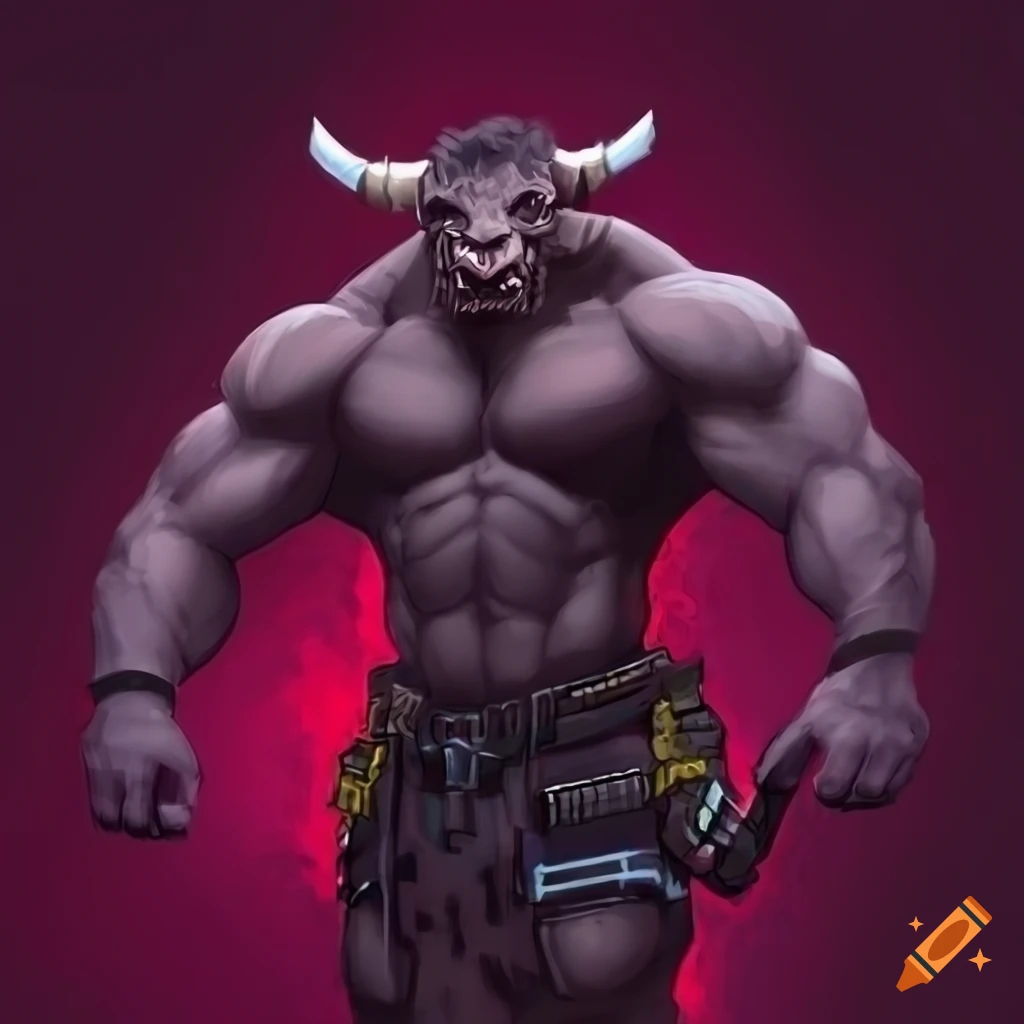 A muscular minotaur with cyberpunk aesthetic, ready for battle on Craiyon