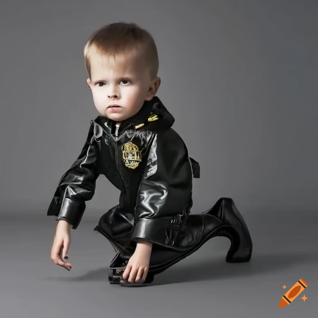 Russian toddler boy wearing black leather police uniform and leather ...