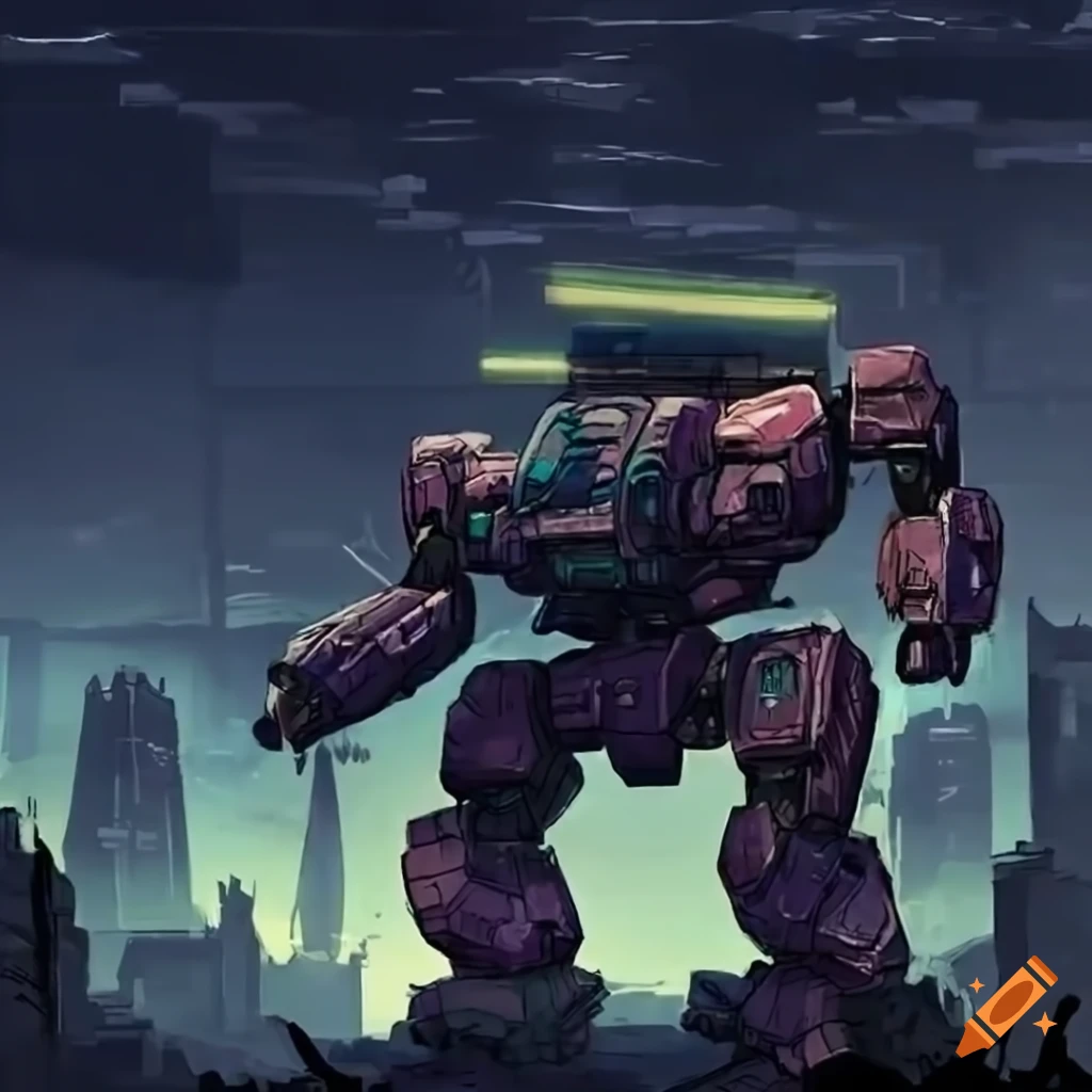 A battletech mauler in anime style in a ruined futuristic city on Craiyon