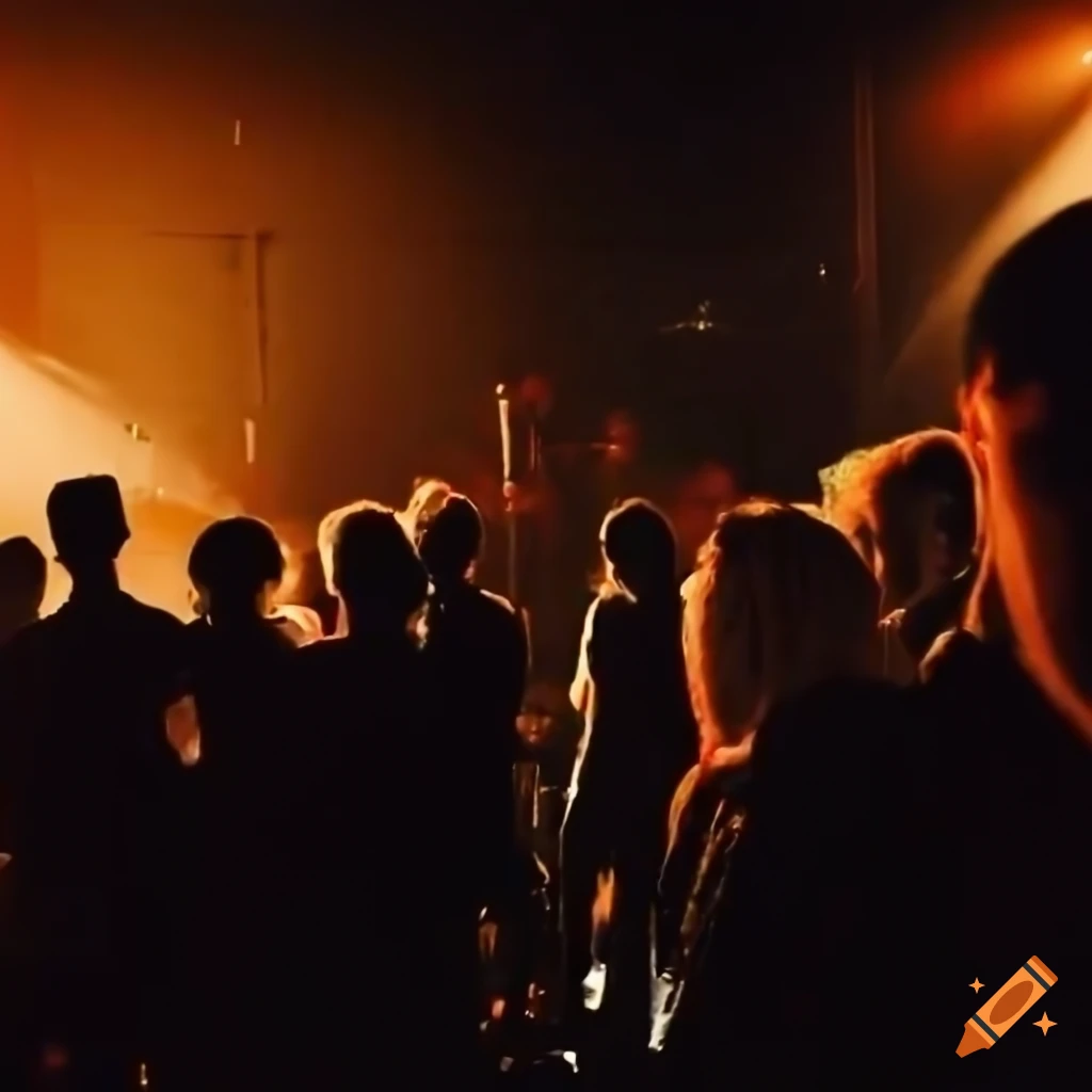 A group of alternative young adults waiting in line for a music concert, street, grunge ...