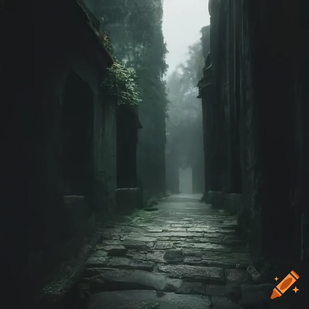 Mysterious endless alleys and temple ruins in green mist on Craiyon