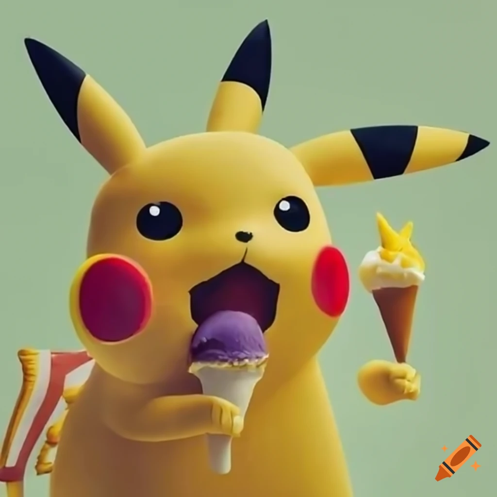 Pikachu eating ice cream in front of mcdonalds