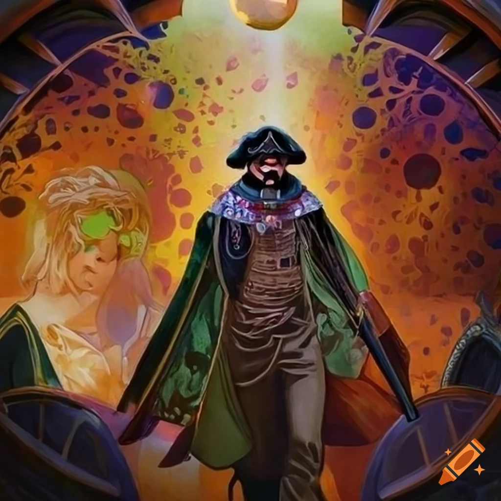 Art deco, solarpunk superhero pirate doctor with a cape on the front of ...