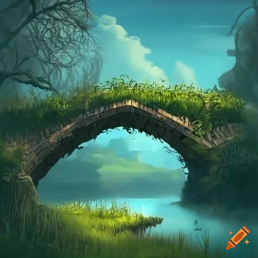 Long thin magical stone bridge that with knee high crenelations ...