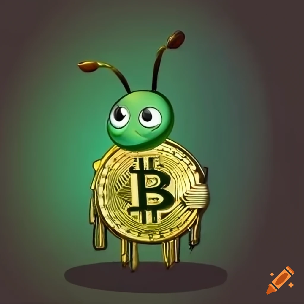 Green little ant holding a shiny bitcoin on Craiyon