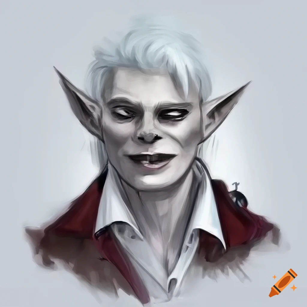 A handsome smiling goblin-like man with white hair, pale blue skin ...