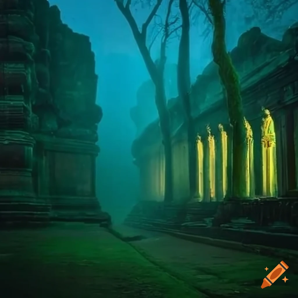 Mysterious endless alleys and temple ruins in green mist