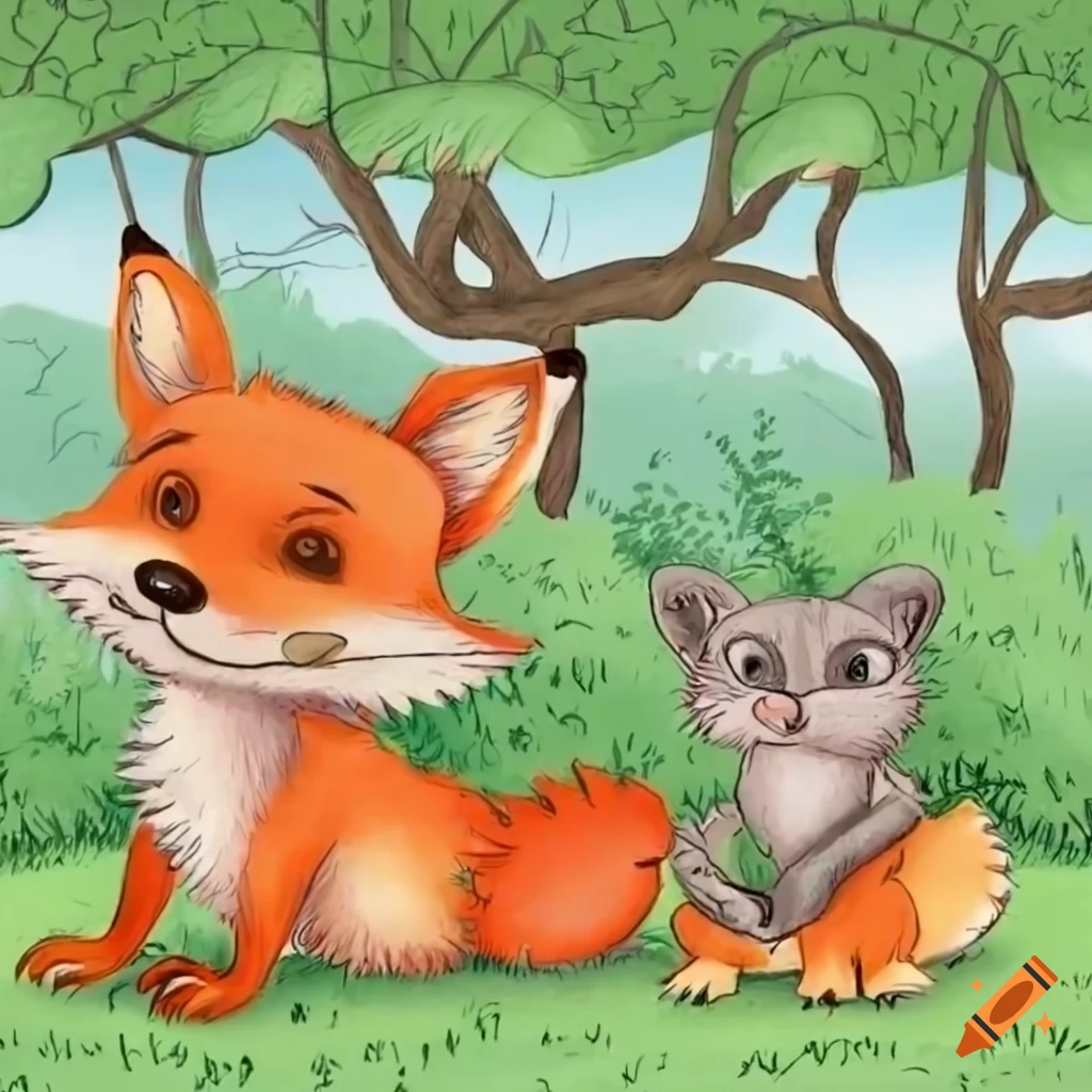 A cartoon of a fox and a rabbit playing hide and seek in a dense forest ...