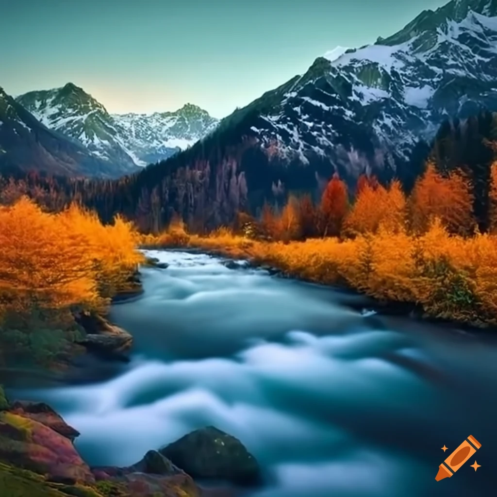 Scenic landscape showcasing changing seasons with mountains, trees, and ...