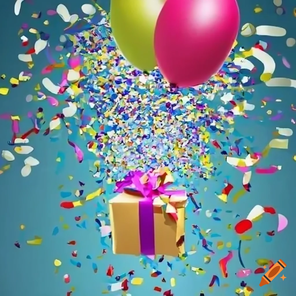 Surprise package exploding with confetti and balloons around