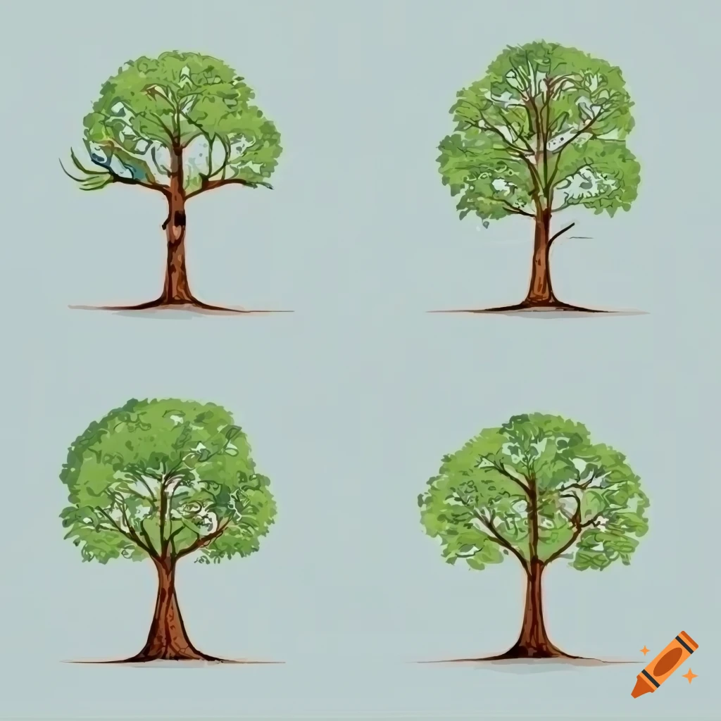 Schematic illustration of four trees in a forest on Craiyon