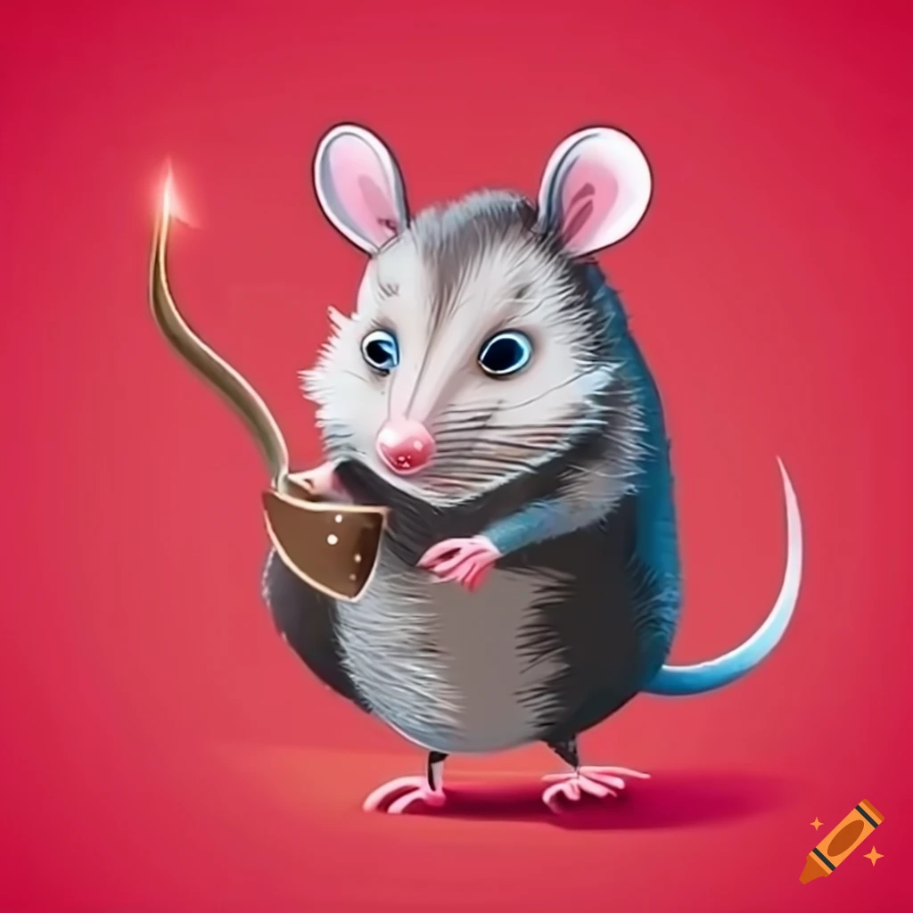 Cartoony opossum with red light shining from his nose on Craiyon