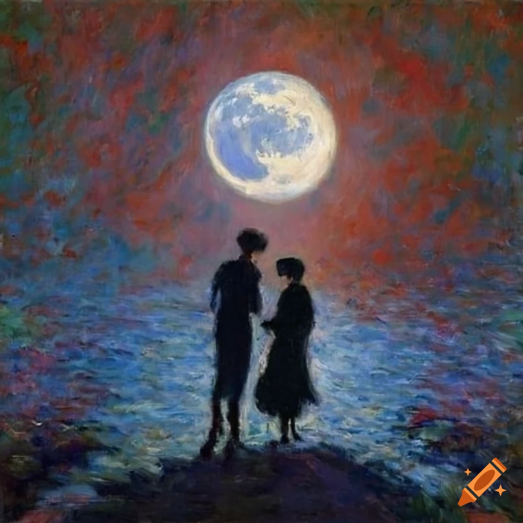 Two lovers illuminated by the moon during on a pitch-black street at ...