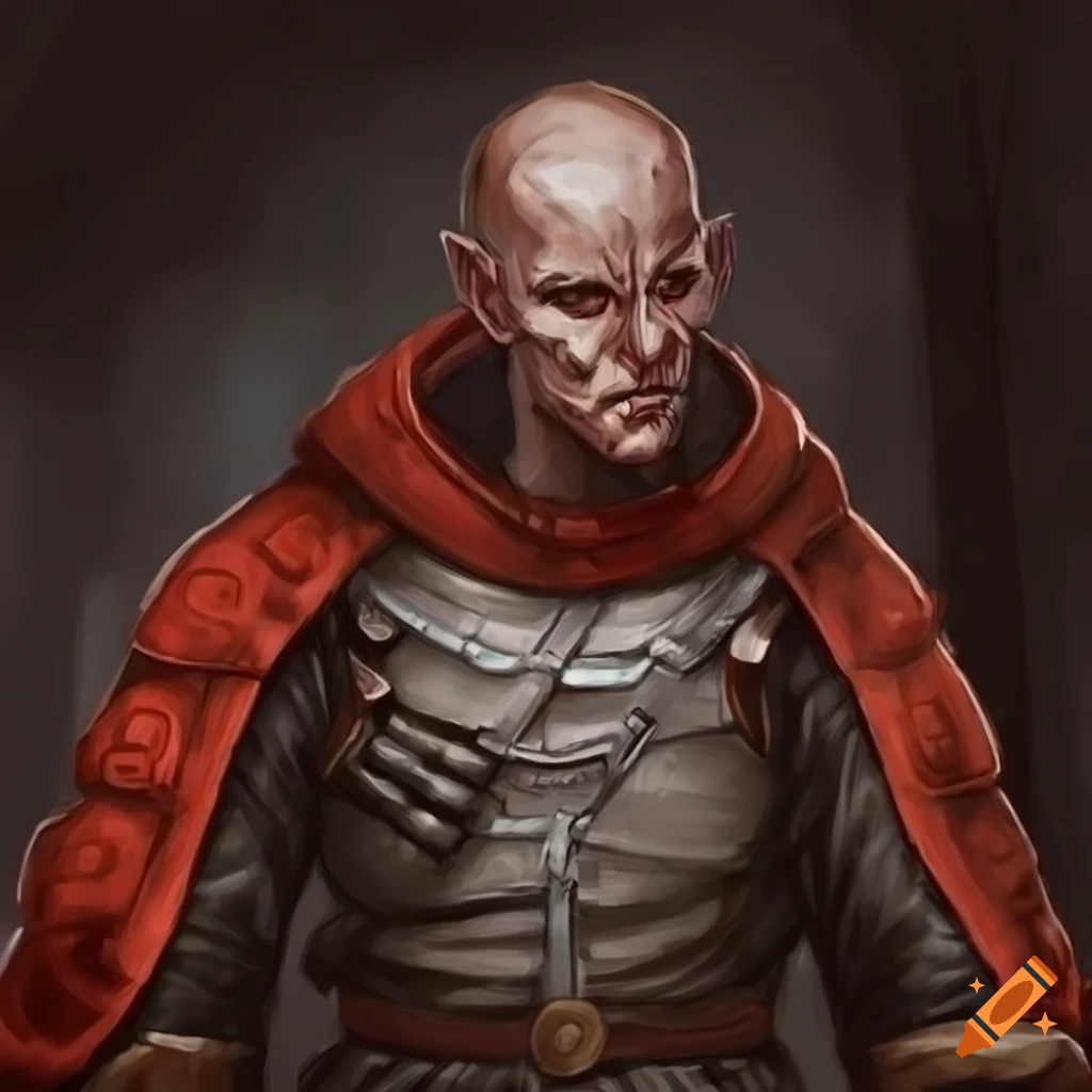 Prison warden with black and red armor, human, dungeons and dragons
