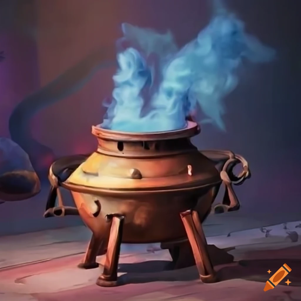 Alchemist potion pot boiling with mistical vapors