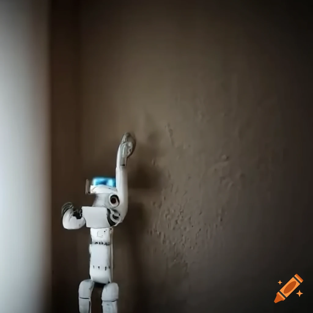 Funny robot plastering a wall in a house, construction on Craiyon