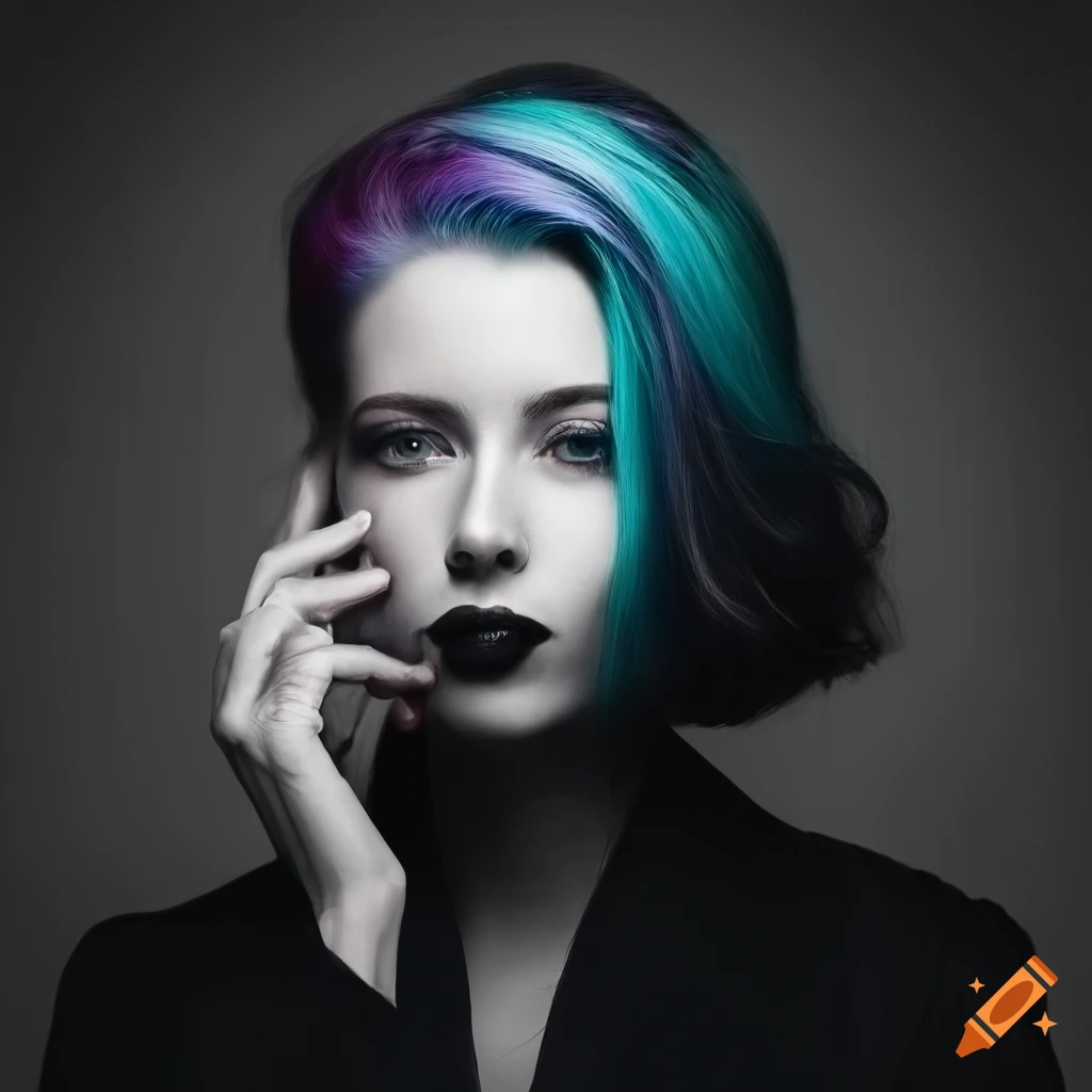 Elegant woman with selectively colored hair in black and white portrait ...