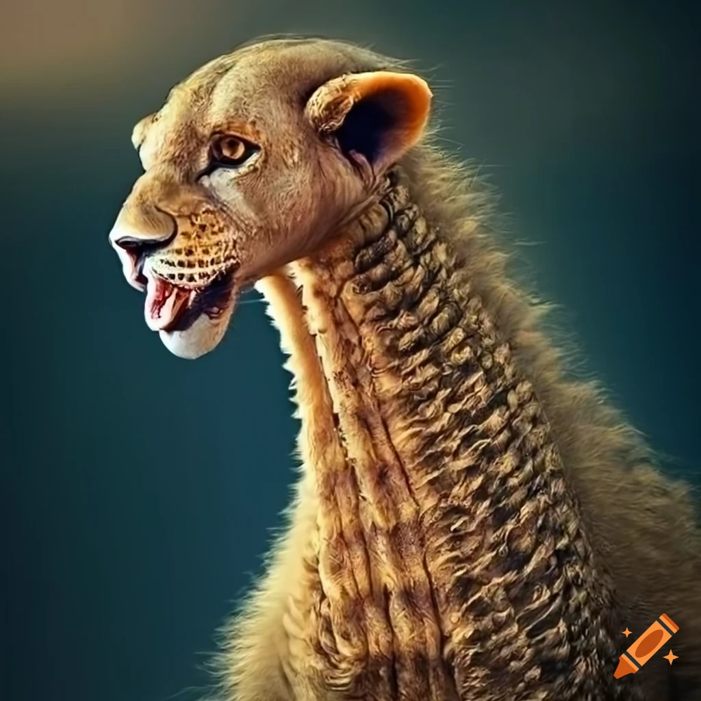 A mytical hybrid creature with a mixture of features of both sheep and lions, with long scaly ...