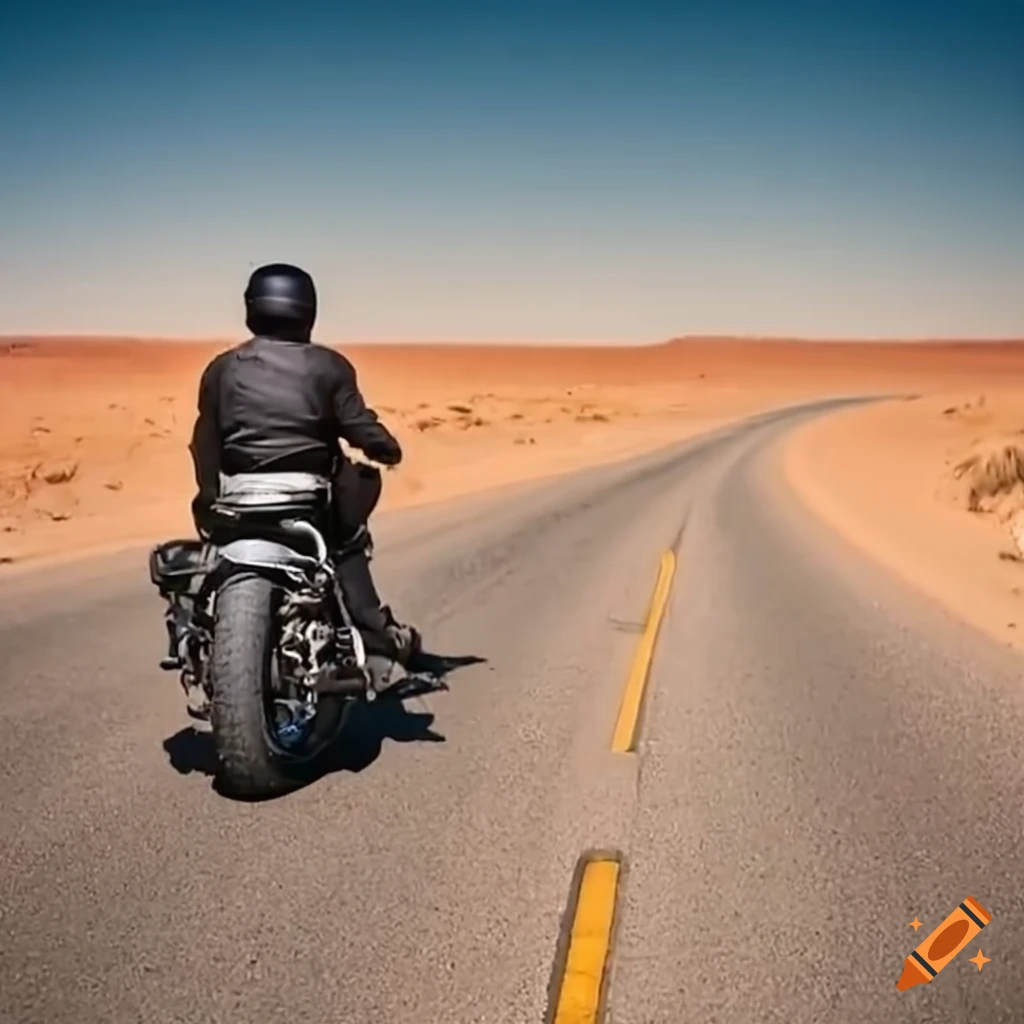 Rear view of motorcycle leaning very sharply into left lane of desert road