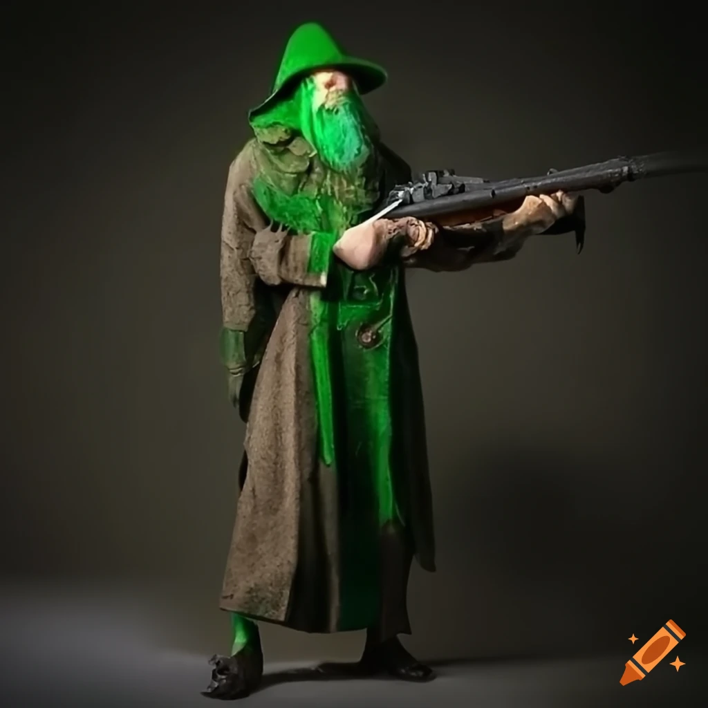 Green wizard, shooting sniper rifle, green hat, dungeons and dragons ...
