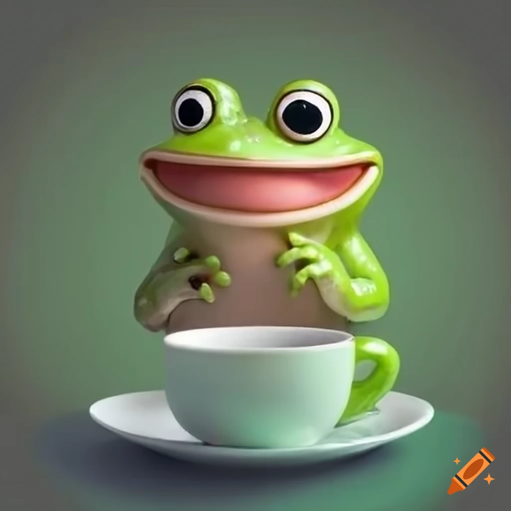 A smiling frog enjoying a cup of coffee on Craiyon