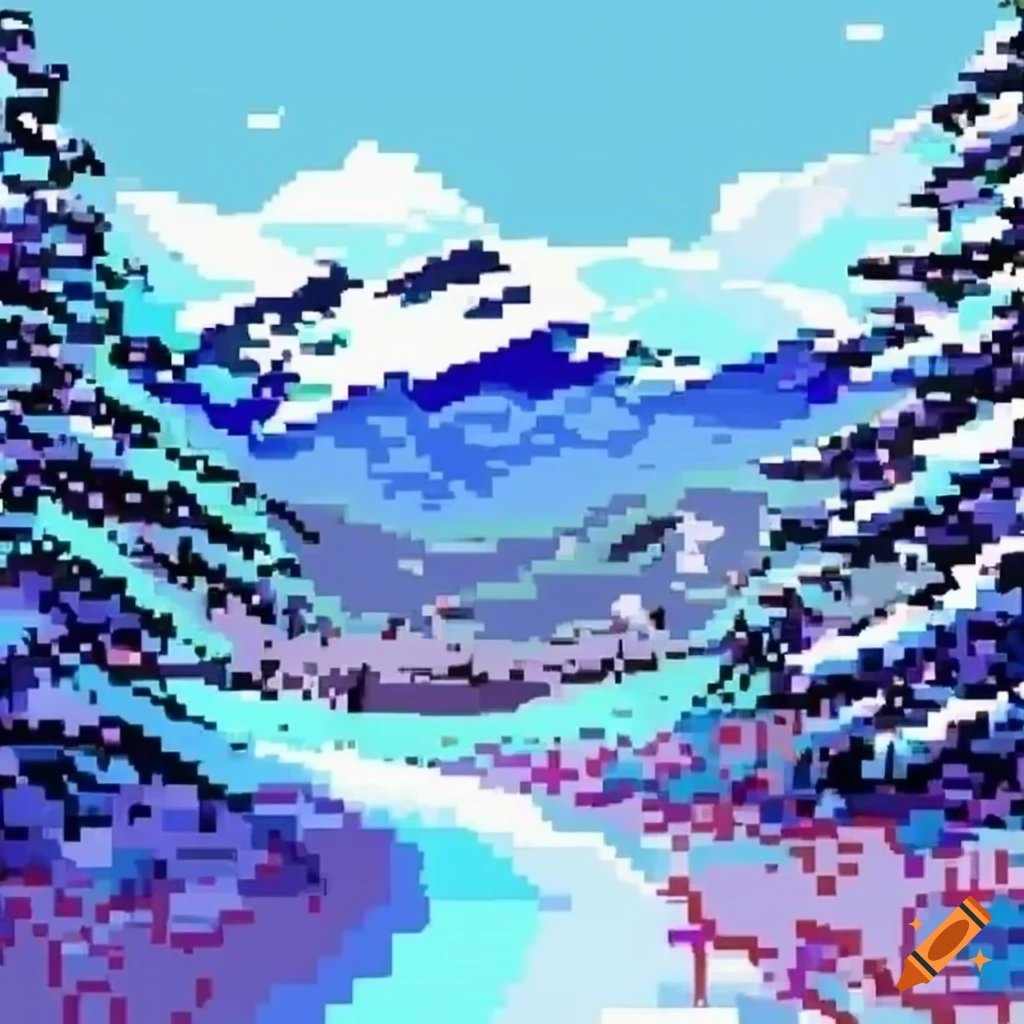 Pixelated snowy mountain path on Craiyon