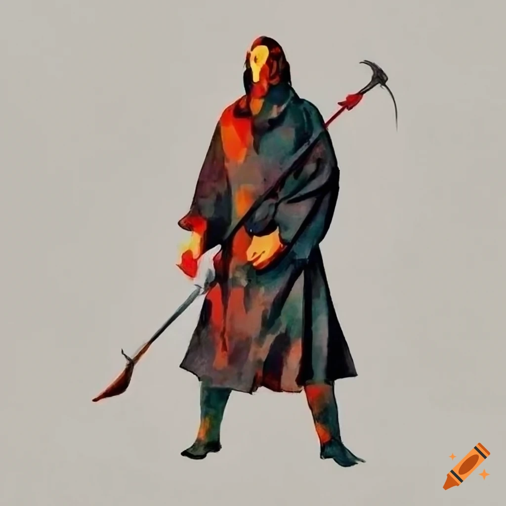 A confident warrior in a black robe holding a polearm on Craiyon