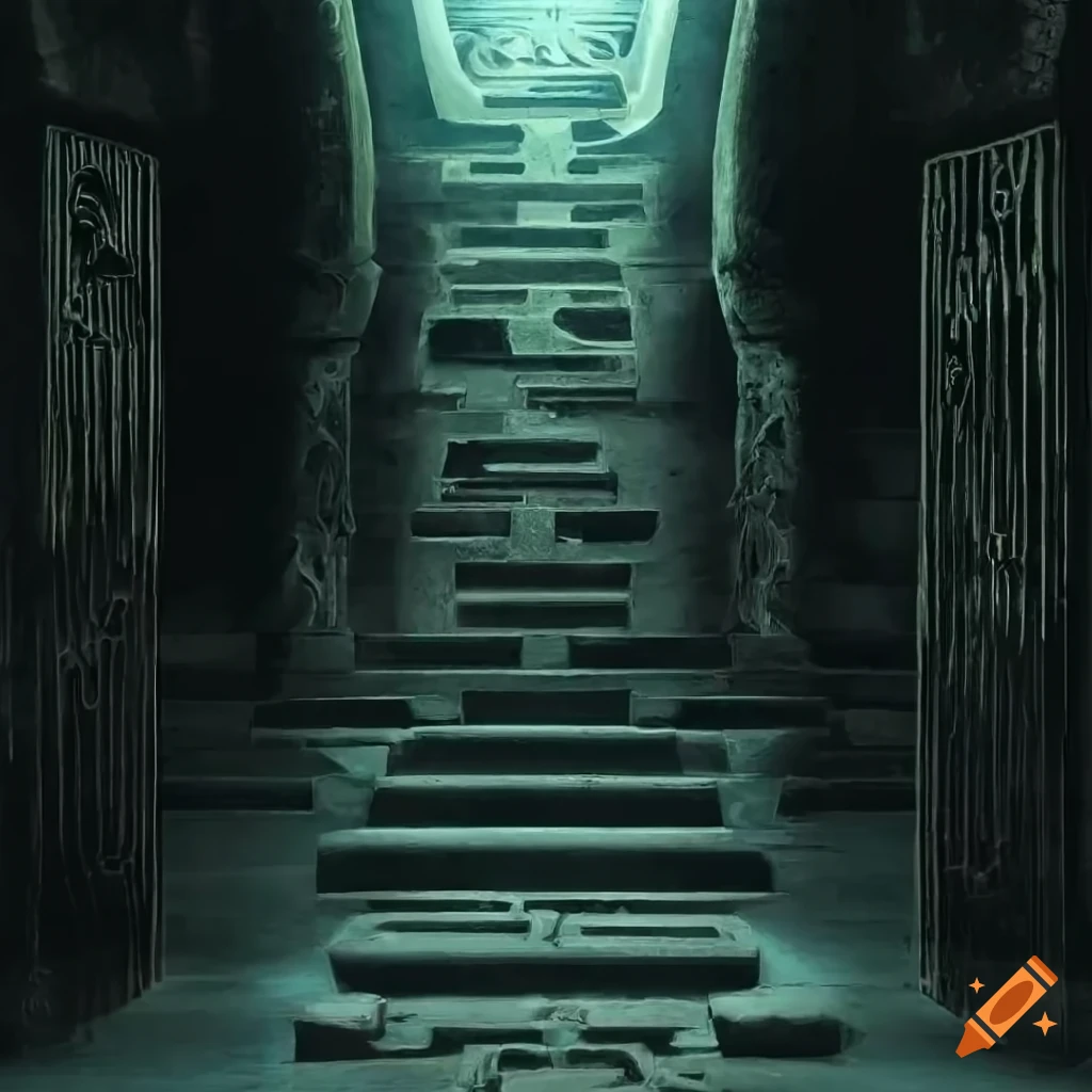 Walking down in the inside of a greek labyrinth, torchlit, weathered ...